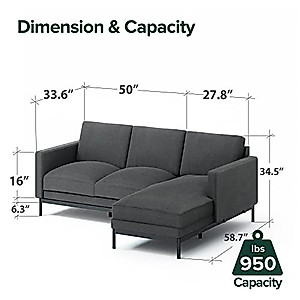 Zinus Logan Reversible Sectional Chaise/L-Shaped Sofa/Green Tea Infused Foam Cushions/Tool-Free, Easy Assembly, Dark Grey