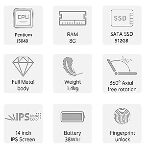 KUU FLEXONE 2 in 1 Laptop, 8GB DDR4 RAM 512GB SSD, 14 Inch IPS Touch-Screen,Pentium J5040 Processor Notebook, Windows 11 Pro, Fingerprint Reader, Bluetooth 5.1, All Metal Body