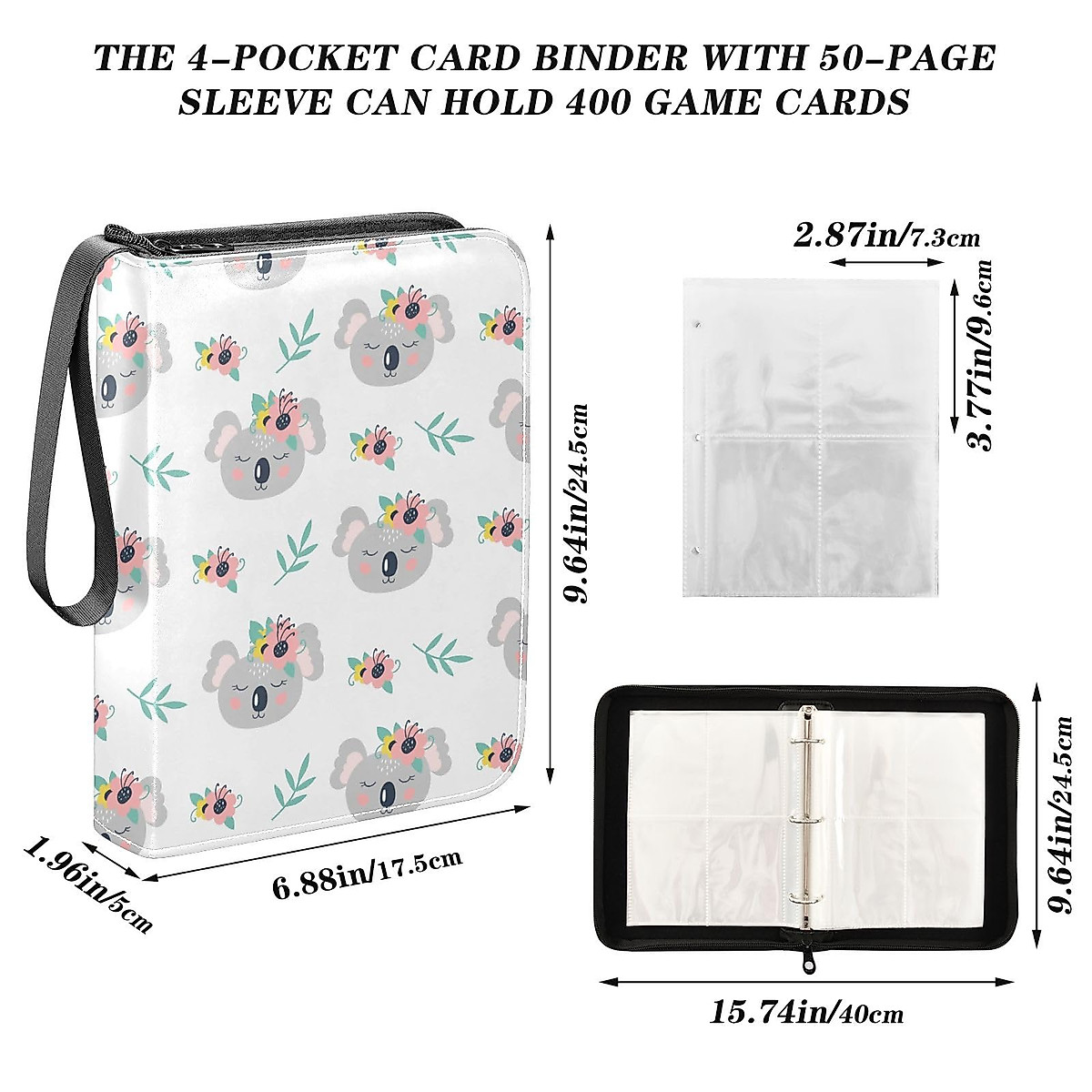 PYBUG Cute Koala Trading Card Binder with Nylon Strap 4-Pocket Waterproof PU Leather Card Collection Binder for 400 Cards Sturdy Card Holder Folders for Game Cards,Sports Cards