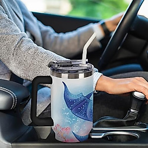 WYUSPGK 40oz Stainless Steel Car Mug, Sea Animals Stingrays Print Travel Mug, Double-Wall Insulated with Straw, Perfect for Car, Office, Outdoor