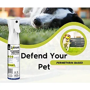 Protect Your Dog; Z-Defense Pet Defender Permethrin Insecticide, 10oz Non-Aerosol, Sprays Upside Down. Permethrin 0.5% Kills Ticks, Fleas, Mosquitoes, Spiders, Ants and Other Insects.
