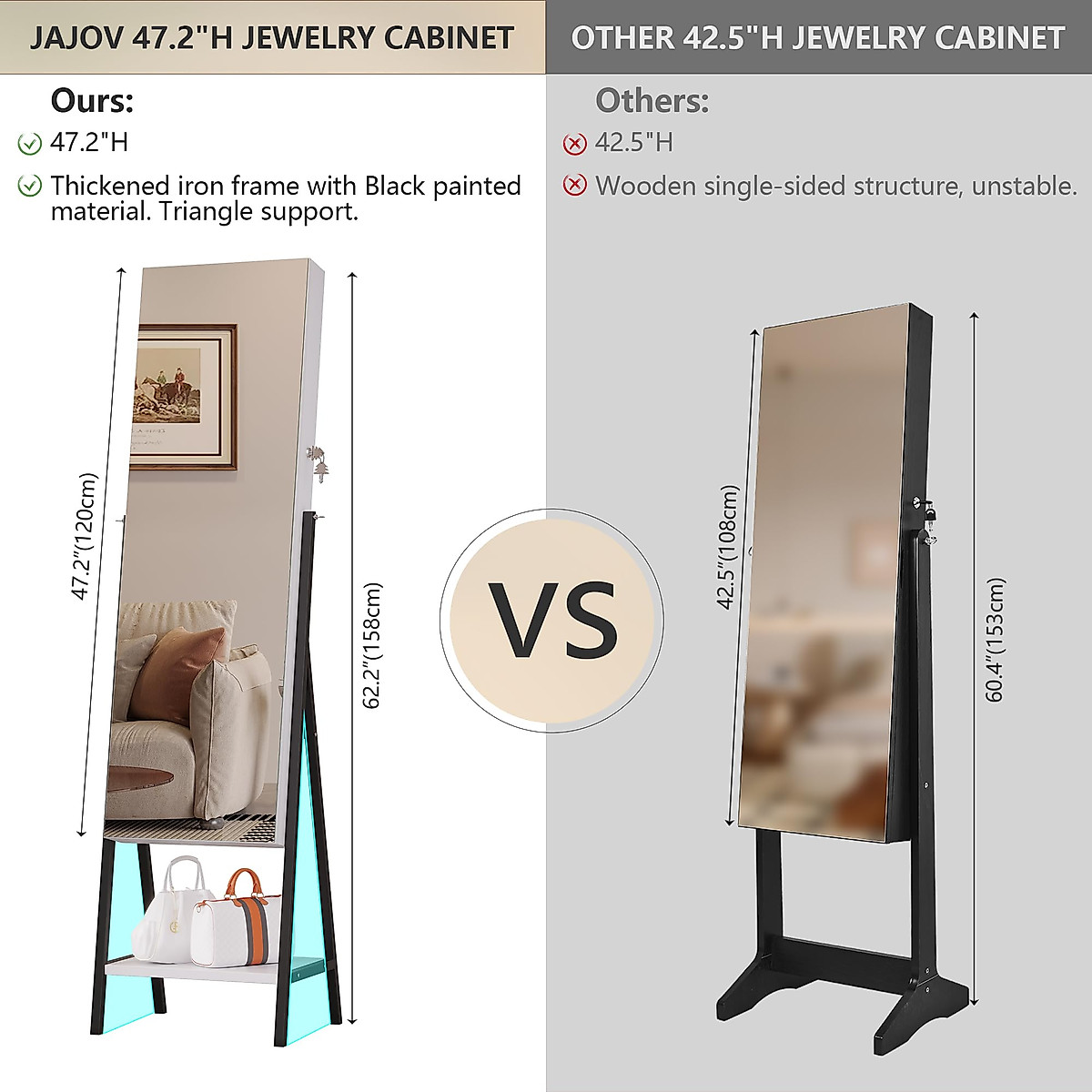 jajov 47.2" LED Jewelry Cabinet Armoire, Standing Mirror with Jewelry Storage, Jewelry Organizer Armoire with Full Length Mirror, Lockable Jewelry Mirror Cabinet (White)