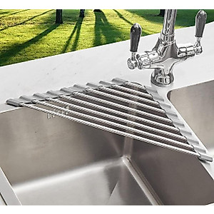 ALIMART Over the Sink Dish Drying Rack Roll Up and Triangle for Kitchen Corner Drainer Mat Foldable Stainless Steel (Triangle), Silver