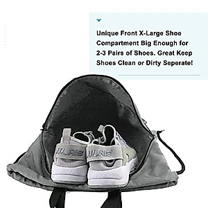 BeeGreen Grey Drawstring Backpack Bag with Shoe Compartment X-Large Black Gym Sports String Cinch Backpack Athletic Sackpack Mesh Water Bottle Holders for Women Men