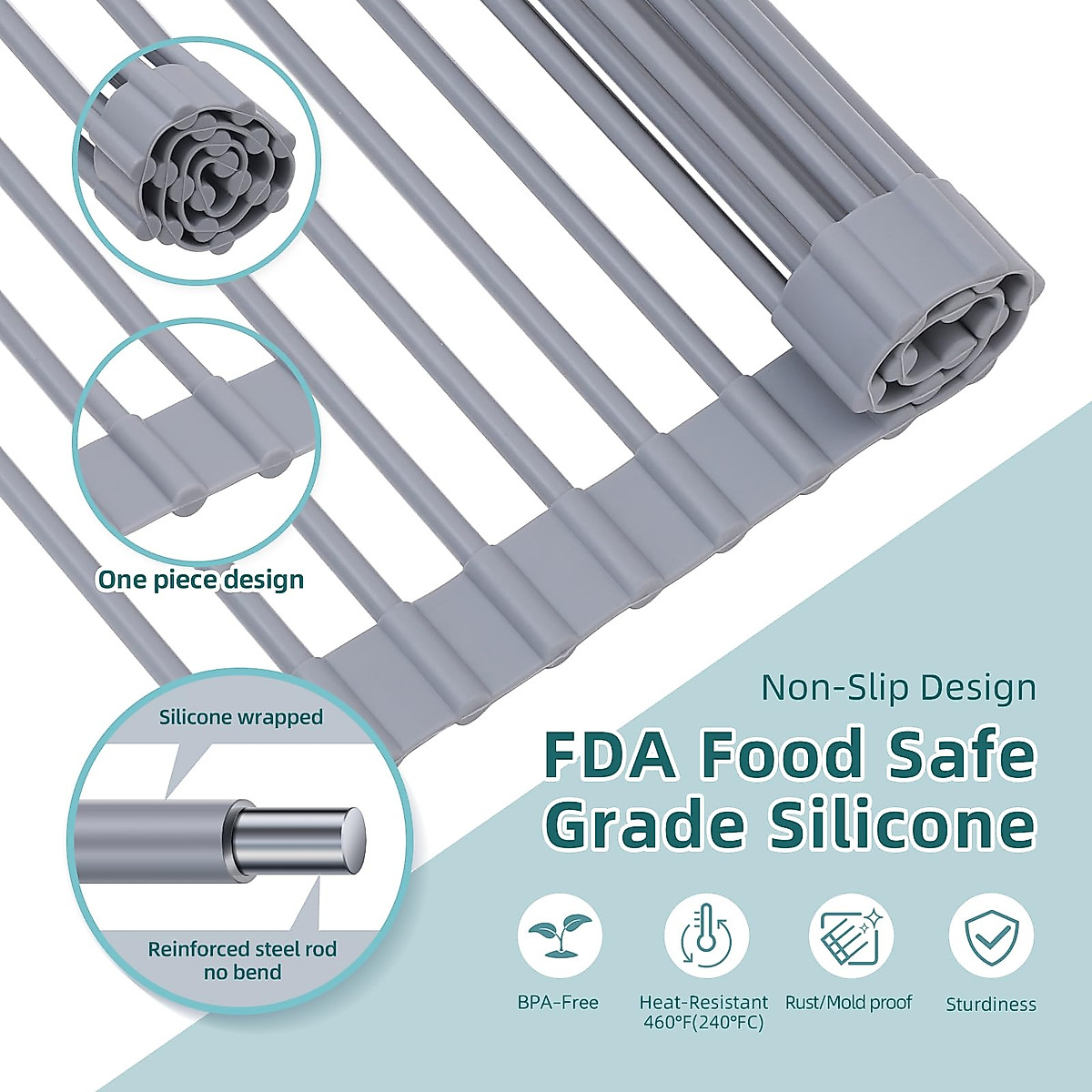 Ohuhu Over Sink Dish Drying Rack 17.6" L x 15.4" W Large Roll Up Drainer Foldable Rolling Mat Dryer Roll Out RV Drain - Silicone Coated Steel Multipurpose Space Saving for Kitchen Counter Anti-Slip