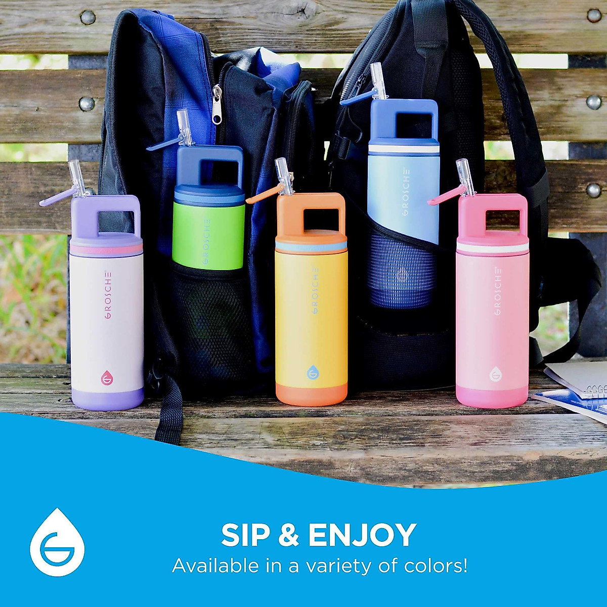 GROSCHE Alpine Flip n' Sip 16oz Insulated Kids Water Bottle - Stainless Steel, Leakproof Flask with Straw - Perfect for Gym, Travel & Outdoor Use - Keeps Water Cold upto 60 hrs - Flamingo Pink