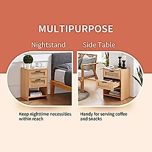 Mido Mido 2 Drawer Rattan Nightstand, Sturdy&Durable Natural Solid Wood Nightstand, End Table, Light Wood Bedside Table Wood Accent Table with Storage for Bedroom, Living Room, Natural