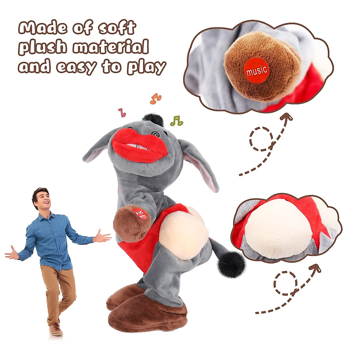 Emoin Dancing and Singing Donkey Toy, Shaking Donkey Stuffed Animal Interactive Musical Toys Electric Plush Toys Birthday Gifts for Mom Adults Men Women