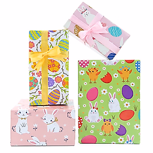 Easter Wrapping Paper,8 Sheets 4 Design Bunny Eggs Chicks Pattern Birthday Gift Wrap,20 x 28inch Cute Wrapping Paper Sheets With Ribbon for Easter Spring Party All Occasion Girls Boys Baby Shower