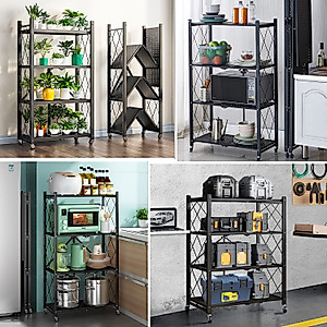 Txxplv 4-Tier Folding Shelf Storage Shelves Heavy Duty Foldable Metal Shelving Units Racks with Wheels No Assembly Required Great for Kitchen and Garage Shelf
