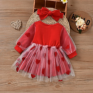 Infant Toddler Baby Girls Valentine's Day Outfit Long Sleeve Heart Lace Tulle Tutu Dress Princess Festival 2ps(Red, 9-12 Months)