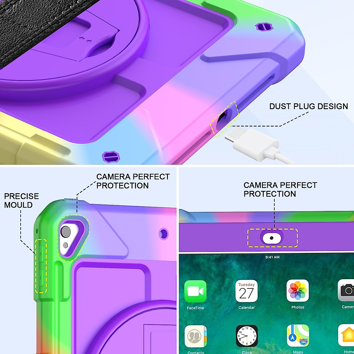 BMOUO Case for iPad 6th/5th Generation Case (9.7 inch, 2018/2017), 360°Rotating Stand, Hand/Shoulder Strap Shockproof iPad 9.7” Case for iPad Air 2, Purple