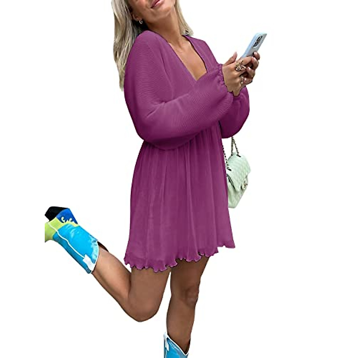 LYANER Women's Sexy Plunging V Neck Pleated Balloon Long Sleeve Short Mini Dress Solid Purple XX-Large