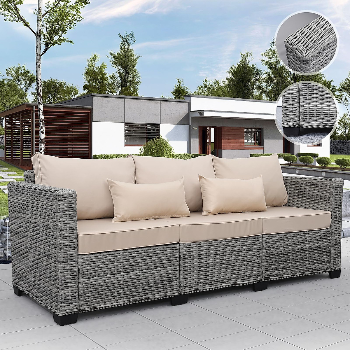 Rattaner Patio Furniture 3-seat Sofa Grey Wicker Outdoor Furniture Outdoor Couch Deep Seat Hight Backrest with Waterproof Cover, Khaki Anti-Slip Cushions