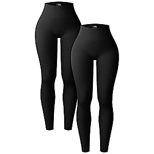 OQQ Women's 2 Piece Yoga Legging Ribbed Seamless Workout High Waist Athletic Pant, Black Black, Large