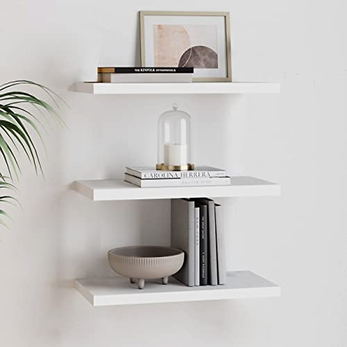 YARUKIMA White Floating Shelves Wall Mounted Set of 3,Wood Storage Shlef for Wall,Space Saving Wall Shelf for Bathroom Bedroom Kitchen Storage Rack with Invisible Brackets.