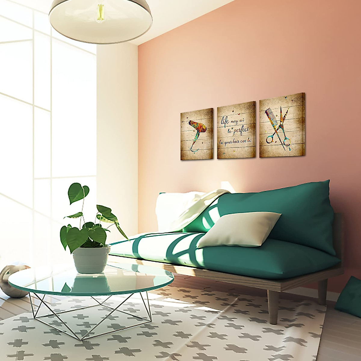 KREATIVE ARTS Canvas Set of 3 Ready to Hang Beauty Salon Canvas Wall Art Haircut Tools with Quotes Painting Fashion Pcitures for Hair Barbershop Hair Salon