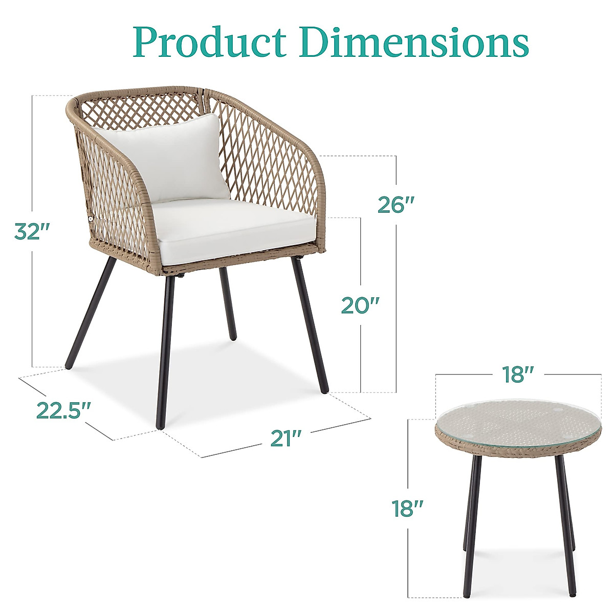 Best Choice Products 3-Piece Outdoor Wicker Bistro Set, Patio Dining Conversation Furniture for Backyard, Balcony, Porch w/Diamond Weave Design, Tempered Glass Side Table, 2 Chairs - Ivory