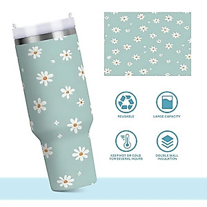 Jihqo Simple Daisies 40 oz Stainless Steel Vacuum Insulated Tumbler with Handle and Straw Lid, Leakproof Water Bottle Double Wall Travel Mug Coffee Cup, Cupholder Friendly