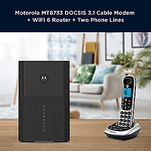 Motorola MT8733 WiFi 6 Router + Multi-Gig Cable Modem + 2 Phone Ports | for Comcast Xfinity Voice and Gigabit Internet Plans Up to 2500 Mbps | AX6000 | DOCSIS 3.1 | with Smart Motosync App
