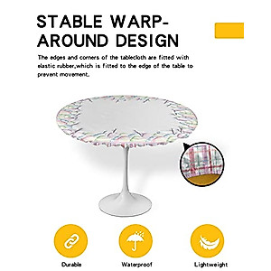 Easter Egg Round Tablecloth Fitted Table Cover,Elastic Tablecloths Waterproof Outdoor Indoor Stretch Cloth Tablecover for Dinner,Colored Egg Spring Holiday Cotton Pink Purple Buffalo Plaid 45-54IN