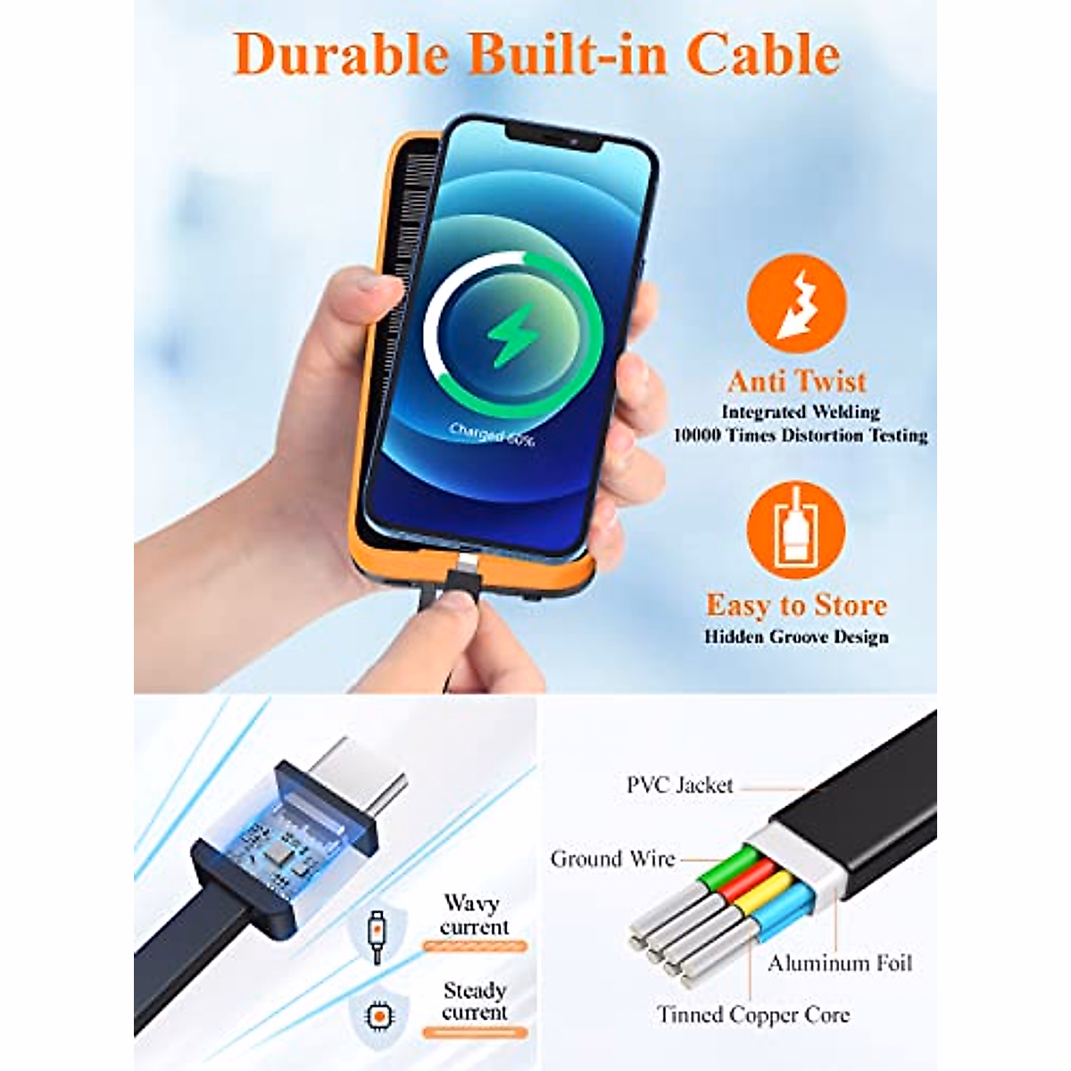 Solar-Charger-Power-Bank - Portable Charger,43800mAh Qc3.0 Fast Charging Qi 10W Wireless Portable Charger Built-in 2 Kinds Output Cable and 680Lumen Bright flashlights (Orange)