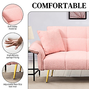 OUYESSIR Teddy Futon Sofa Bed with 2 Pillows, Small Couch, Convertible Futon Sleeper Sofa with Folding Armrests, 70" Modern Loveseat Couch for Bedroom, Living Room (Pink)