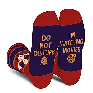 Funny Movies Socks for Men Teens Boys-Do Not Disturb I'm Watching Movies Novelty Fun Crew Socks - Funky Cotton Crazy Socks with Sayings-Movies Lovers Christmas Funny Gifts