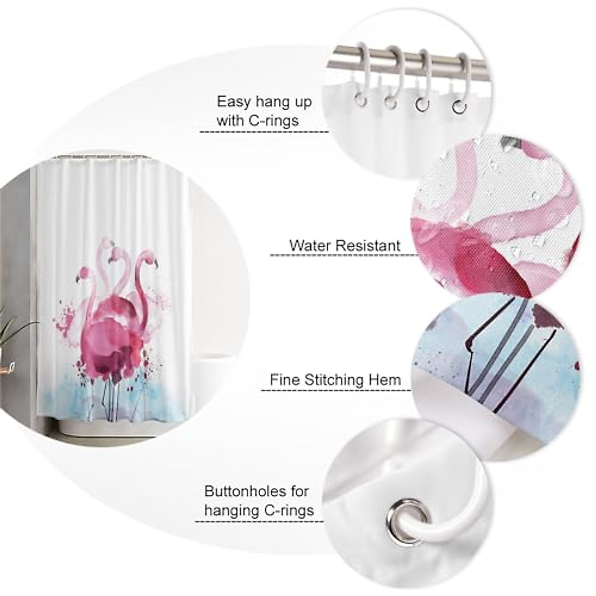 Boanket Polyester Fabric Pink Flamingo Shower Curtain, Watercolor Pink Blue Animals, Waterproof Bathtub Curtain Bathroom Decor Set with Hooks 36 x 72 Inches,