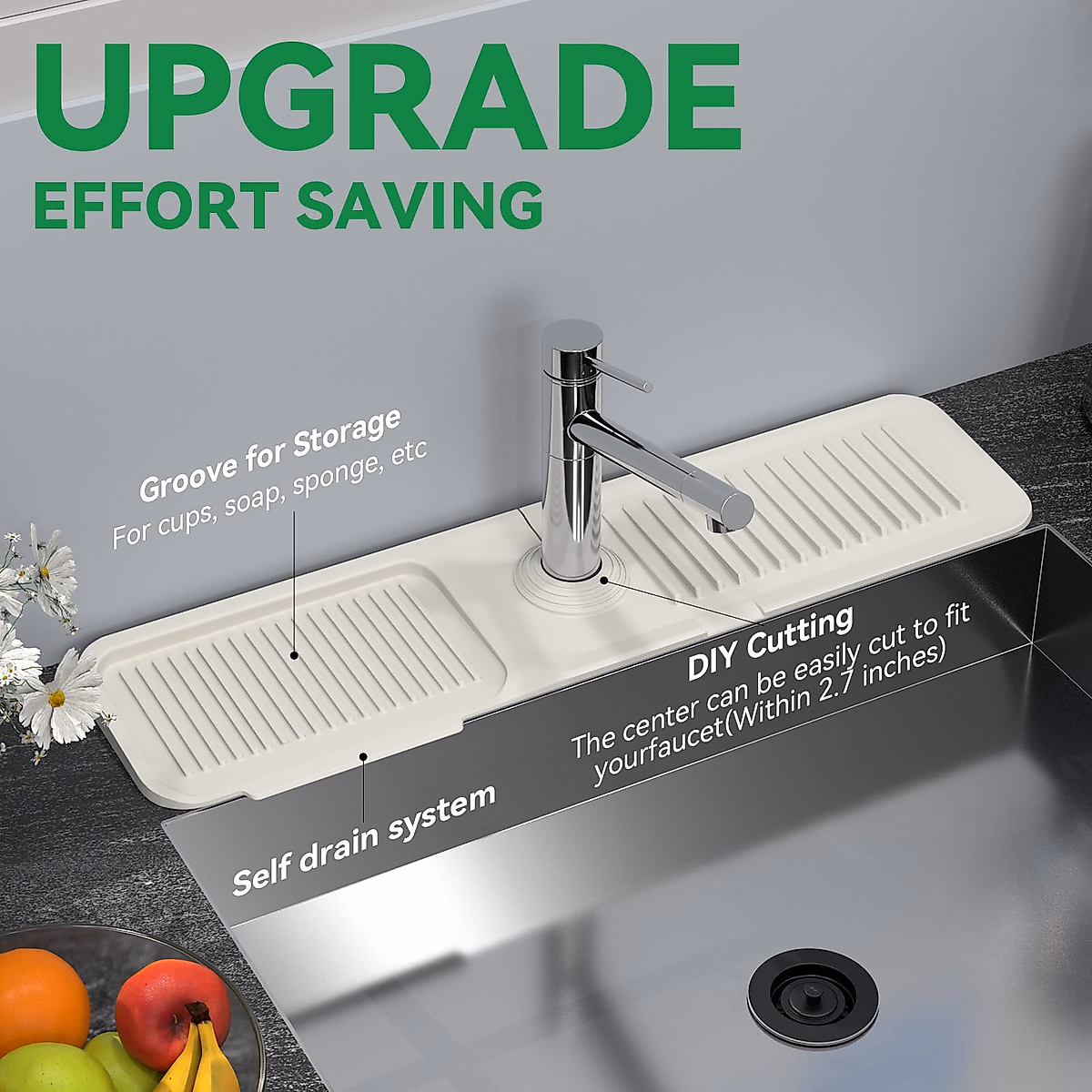 Kitchen Sink Splash Guard Behind Faucet 24 x 5.5 Inch, Toovem Faucet Handle Drip Catcher Tray, Longer Silicone Sink Faucet Mat, Dish Soap Sponge Holder for Bathroom, Farmhouse, Bar, Rv,Beige White