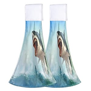 Big Shark Hanging Kitchen Towel 2Pcs Absorbent Hand Towel Tie Towel Soft Dish Towel Tea Bar Towels for Kitchen Bathroom Toilet Housewarming Tabletop Home