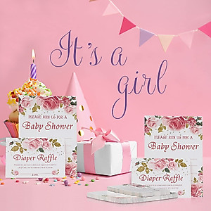 Marspark Set of 25 Pink Floral Baby Shower Invitations, Diaper Raffle Tickets and Baby Shower Invitation Cards with Envelope, Baby Shower Party Supplies for Sweet Girl