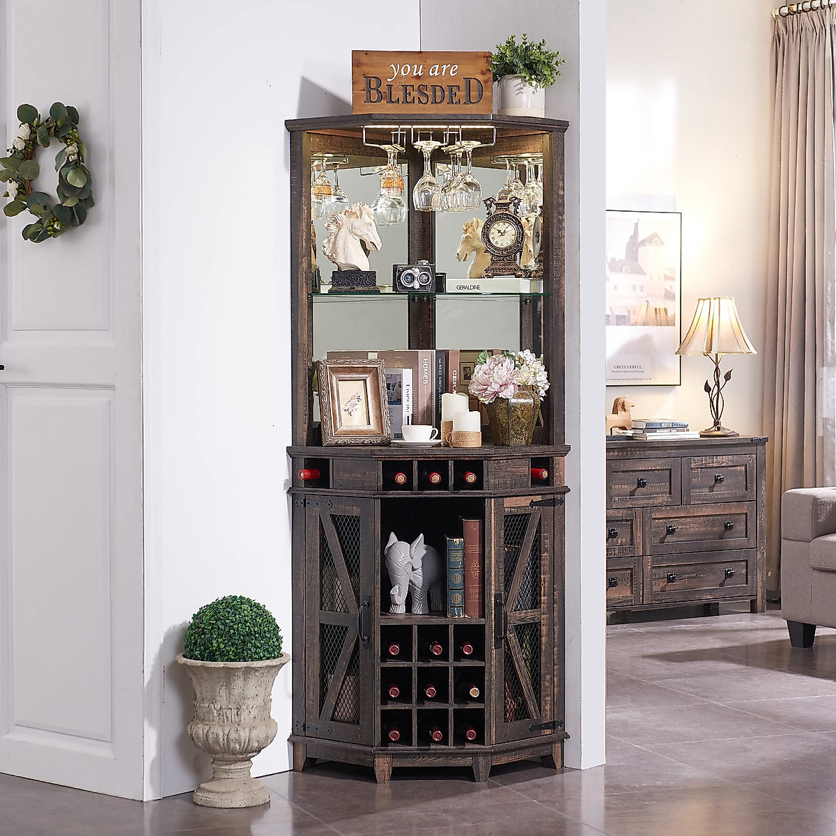 OKD Corner Bar Storage Cabinet, 72" Tall Farmhouse Wine Bar Cabinet w/Barn Door & Adjustable Shelf, Home Bar Cabinet w/LED Light & Glass Rack for Dining Room, Living Room, Kitchen, Dark Rustic Oak
