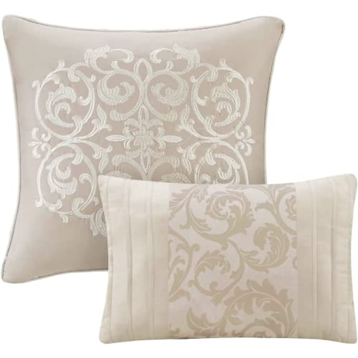 510 DESIGN Luxe Quilted Comforter Set Modern Transitional Design, All Season Down Alternative Warm Bedding Matching Shams, Bedskirt, Decorative Pillow, Queen, Ramsey Damask Neutral