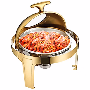 HONHPD 6.5 Quart Gold Round Chafing Dish Buffet Set, Stainless Steel Roll Top Chafer for Catering, Food Warmer with Glass Window for Party Wedding Catering Banquet Graduation Event