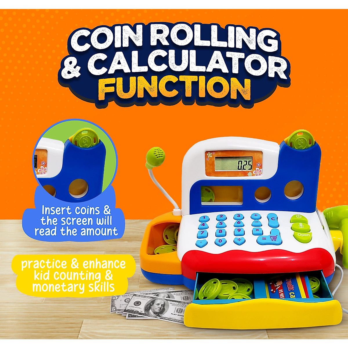 FUNERICA Toy Cash Register with Scanner, Microphone, and Interactive Calculator. Includes Grocery Food, Cuttable Fruit, Pretend Play Money - for Toddlers and Kids