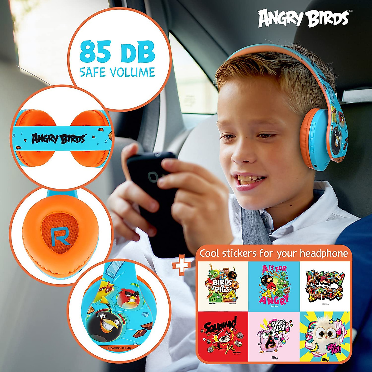 PowerLocus Kids Headphones Angry Birds Edition, Wireless Kids Headphones, 85dB Volume Limited, Foldable Bluetooth Headphones with Case, Wired and Micro SD mode, Built-in Mic for Phone/iPad/School