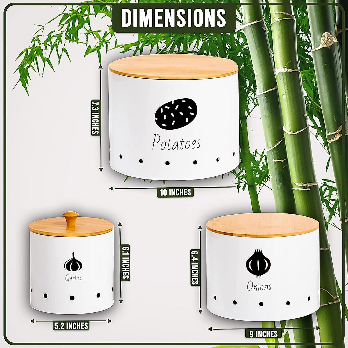 Potato and Onion Storage Bin with Wooden Lid – Set of 3 Garlic, Onion, And Potato Storage for Pantry - Potato Onion Kitchen Storage Canisters – Aerating Tin Storage Holes Keeps Vegetable Fresh