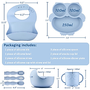 UHdod Silicone Baby Feeding Set, 12 PCS Baby Led Weaning Supplies with Suction Baby Plate and Bowl Set, Baby Spoon and Fork, Adjustable Bib, Sippy Cup with Straw and Lid, Baby Utensils for 6+Months