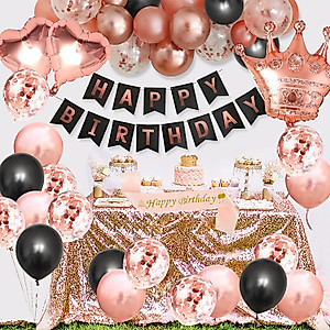 Rose Gold and Black Birthday Party Decorations with Happy Birthday Banner for Women Girls, Decor Set for Her, 16th 18th 21th 30th 40th 50th 60th 70th Supplies Balloons