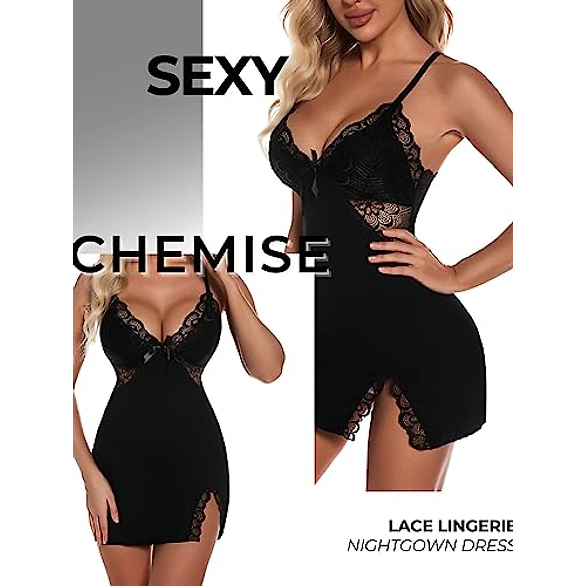 Donnalla Womens Sexy Babydoll Chemise Lingerie Lace Night Dress Slip Nightgowns Sleepwear (Black Medium)