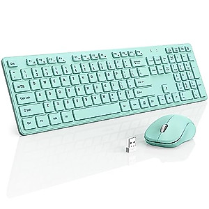 WisFox 2.4GHz Full-Size Silent Keyboard with Numeric Keypad, Long Battery Life, Lag-Free, Slim USB Cordless and Mouse for PC Laptop Windows (Mint Green)