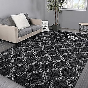 Hutha 4x6 Shag Large Area Rugs for Living Room, Dark Grey Modern Super Soft Bedroom Carpet, Moroccan Luxury Geometric Plush Fluffy Rug for Kids Nursery Girls Room Indoor Home Decor