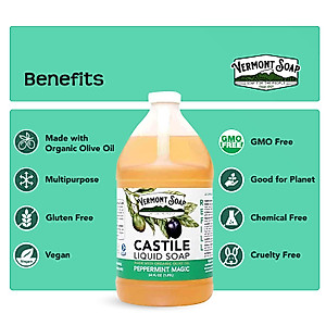 Vermont Castile Soap Peppermint, Gentle Liquid Soap for Sensitive Skin & Natural Body Wash, Organic Hair Shampoo for Oily Hair, Aloe Castile Soap for Men & Women - 64 Oz