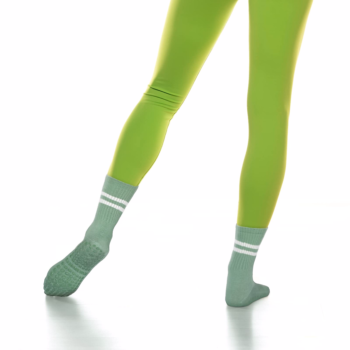 6 Pairs Women Long Pilates Grip Socks with Non Slip Crew Grippy Socks with Stripe for Sports Yoga Barre Ballet (Classic Color)