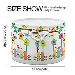 Colorful Birds and Birdhouses Raster Tree Branches Leaves Flowers Round Storage Basket Waterproof Print Collapsible Fabric Cube With Cotton Rope Handles Laundry Bag Organizer Toys Clothes for Room