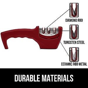 Gorilla Grip Easy to Use Knife Sharpener, 3 Sharpening Options to Help Polish, Sharpen and Repair Kitchen Knives, Restore Dull Blades, Slip Resistant Handle, Durable, Professional Chef Quality, Red