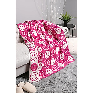 Happy Face Knitted Throw Blankets Reversible Soft Knit Blanket with Two-Toned Cute Pattern Bed Throws Fuzzy Kids Blanket Warm Cozy for Home Couch Sofa (Rosy)