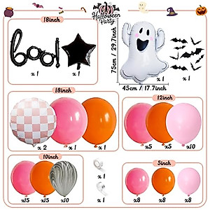 Jobkoo Halloween Balloon Arch BOO Halloween Decor Ghost Star Foil Balloons Pink Orange Latex Balloon Garland Kit 3D Bat Sticker for Kids Happy Halloween Themed Baby Shower Birthday Party Decoration