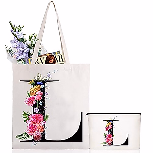 Andeiltech Initial Canvas Tote Bag Floral Letter Personalized Makeup Bag Monogrammed Gift for Bridesmaids Birthday Wedding